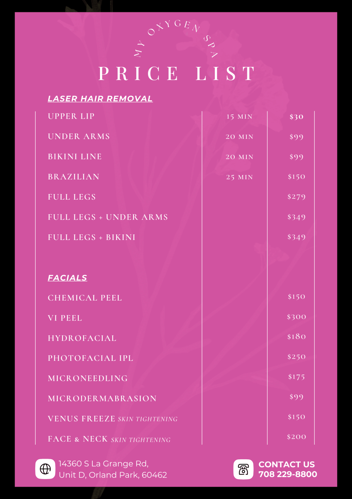 Pricing - Oxygen Med Spa Orland Park | Laser, Facials, & More